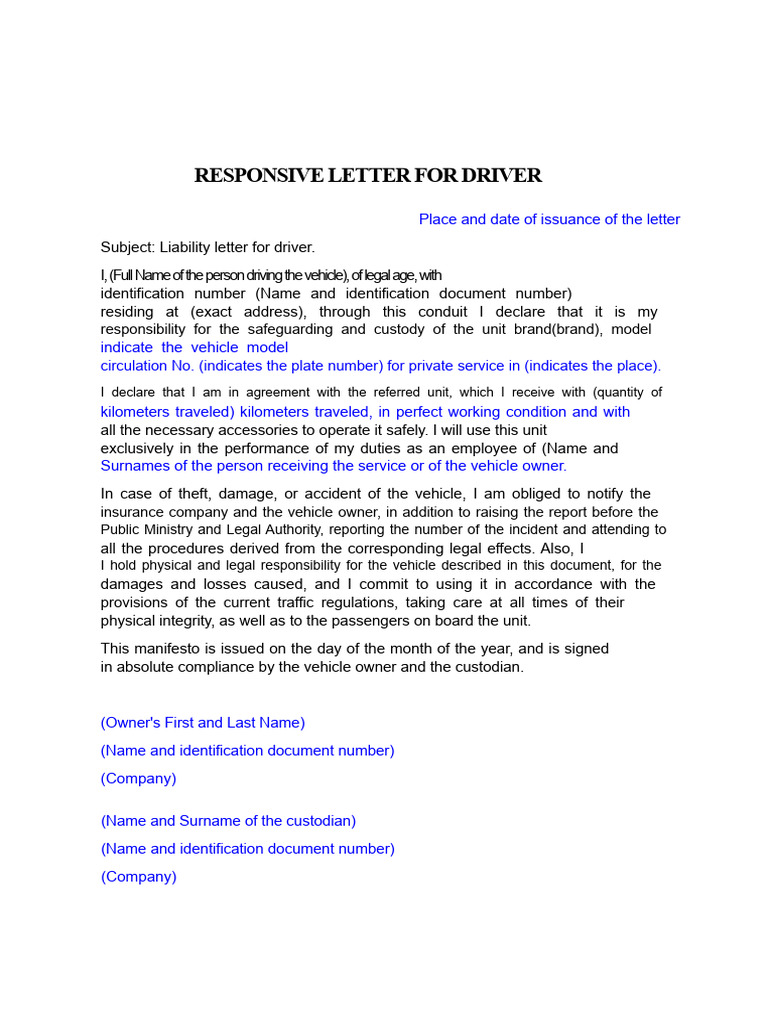 Responsibility Letter For Driver | PDF