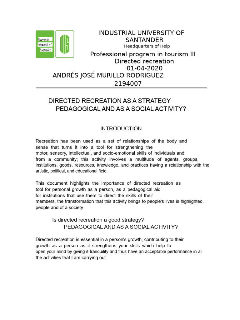 Directed Recreation As A Pedagogical Strategy and Social Activity | PDF ...