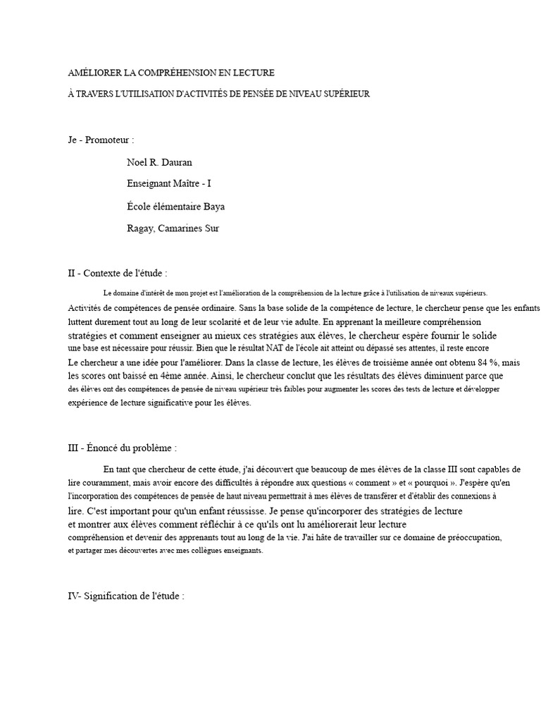 Amélioration de la compréhension en lecture | PDF | Enseignants | Cognition