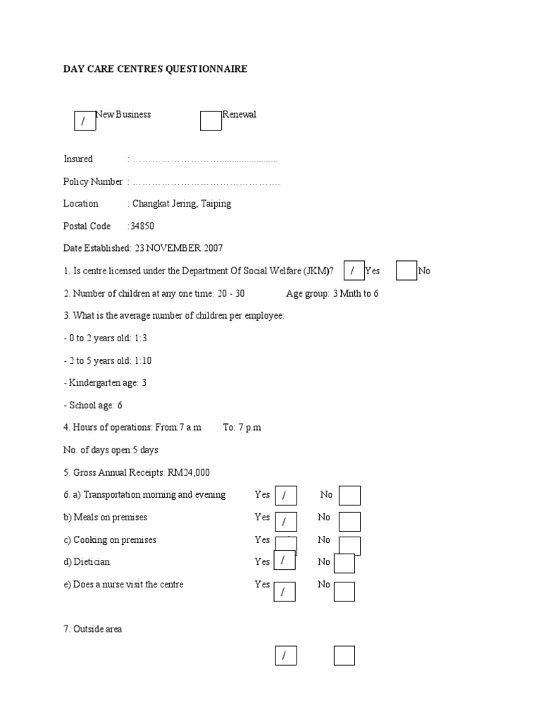 Day Care Centres Questionnaire | PDF | Day Care | Health Sciences