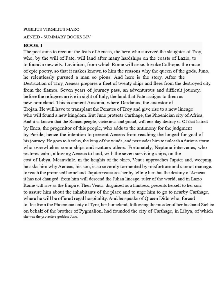Aeneid Books I-IV Summary | PDF | Aeneid | Aeneas