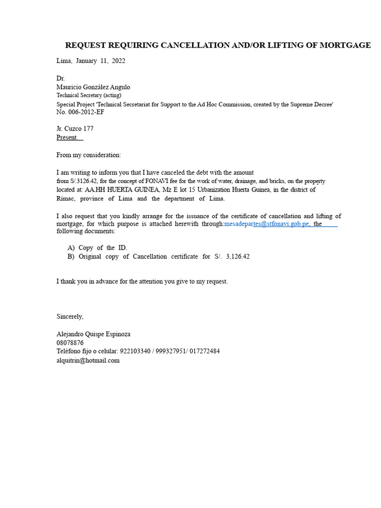 FORMAT FOR REQUESTING CANCELLATION And/or REMOVAL OF MORTGAGE | PDF