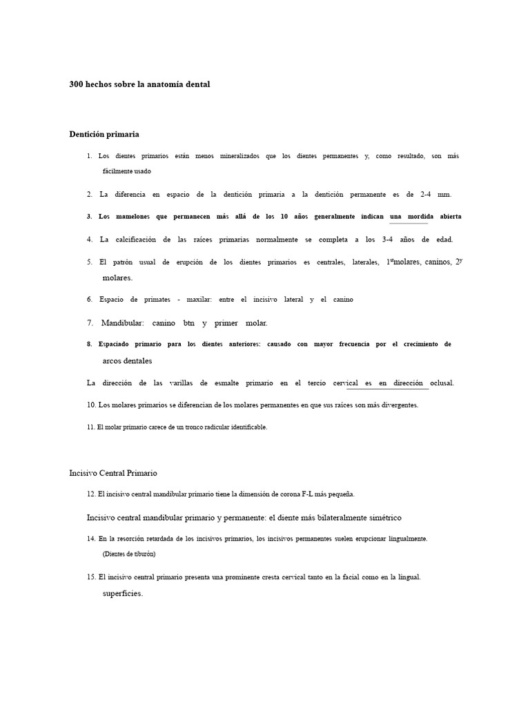 300 Hechos de Anatomía Dental - NBDE | PDF | Anatomia dental | Diente