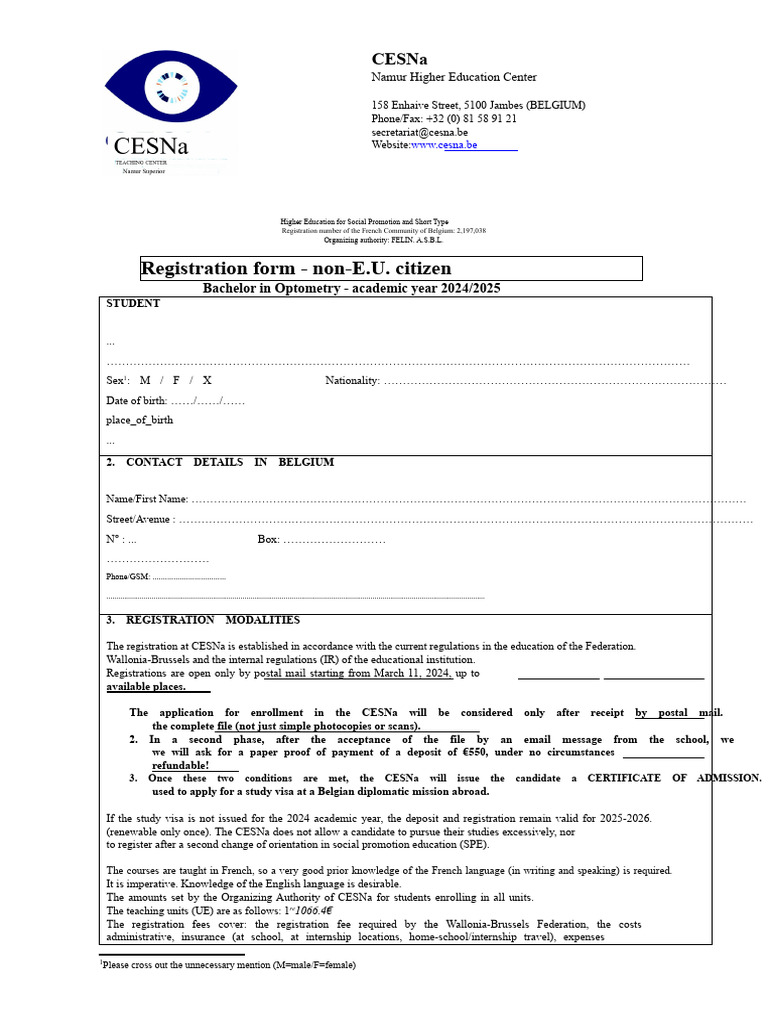 Optometry Registration Form - OUTSIDE E.U. 2024-2025 - 0 | PDF