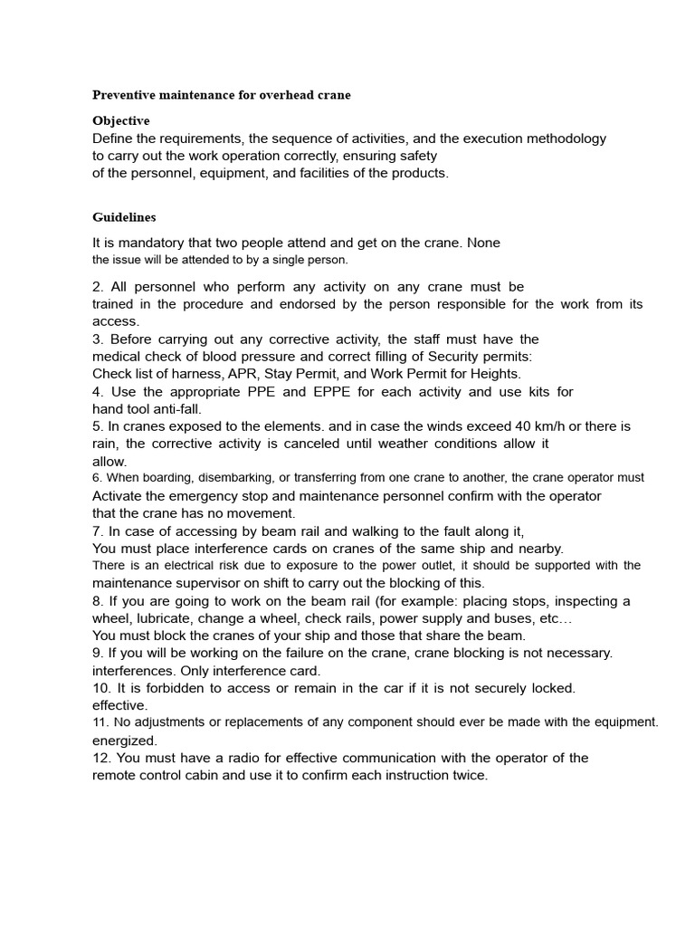 Preventive Maintenance For Overhead Crane | PDF | Crane (Machine) | Switch