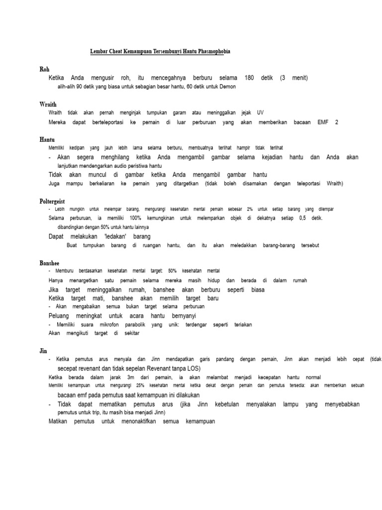 Lembar Cheat Kemampuan Tersembunyi Hantu Phasmophobia | PDF