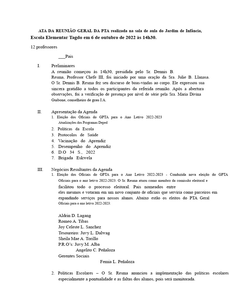 Ata da Reunião da PTA 2022-2023 | PDF