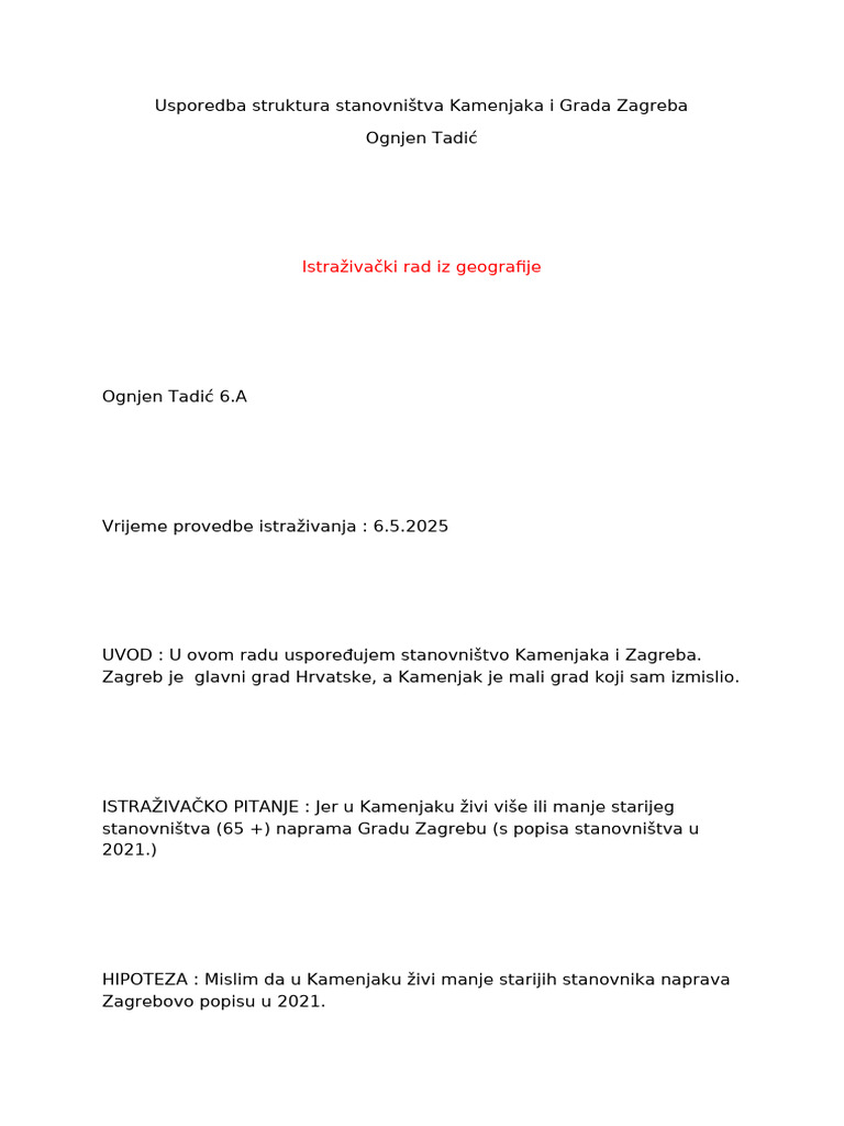 Zadatak Iz Geografije Struuktura Stanovnistvva Ognjen Tadic | PDF