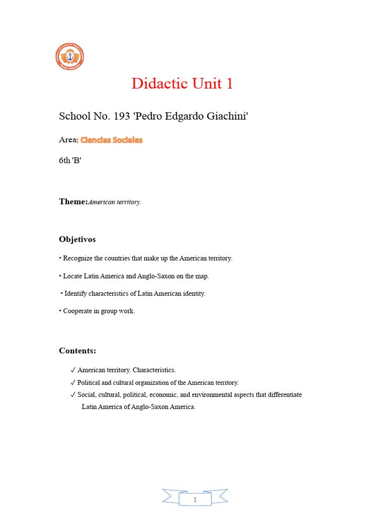 Didactic Unit 1 Social Studies | PDF | Americas | North America