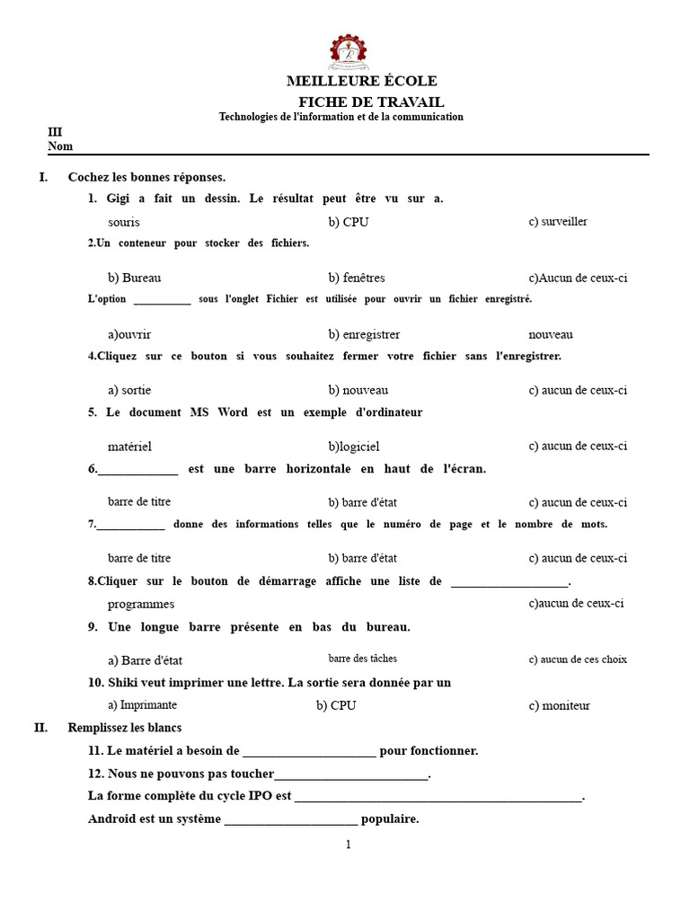 Fiche de travail sur les TIC et MS Word | PDF | Informatique | Matériel ...