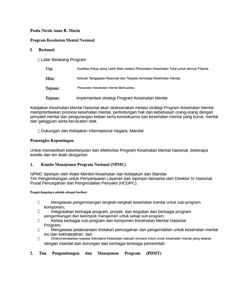 Program Kesehatan Mental Nasional (DOH) | PDF