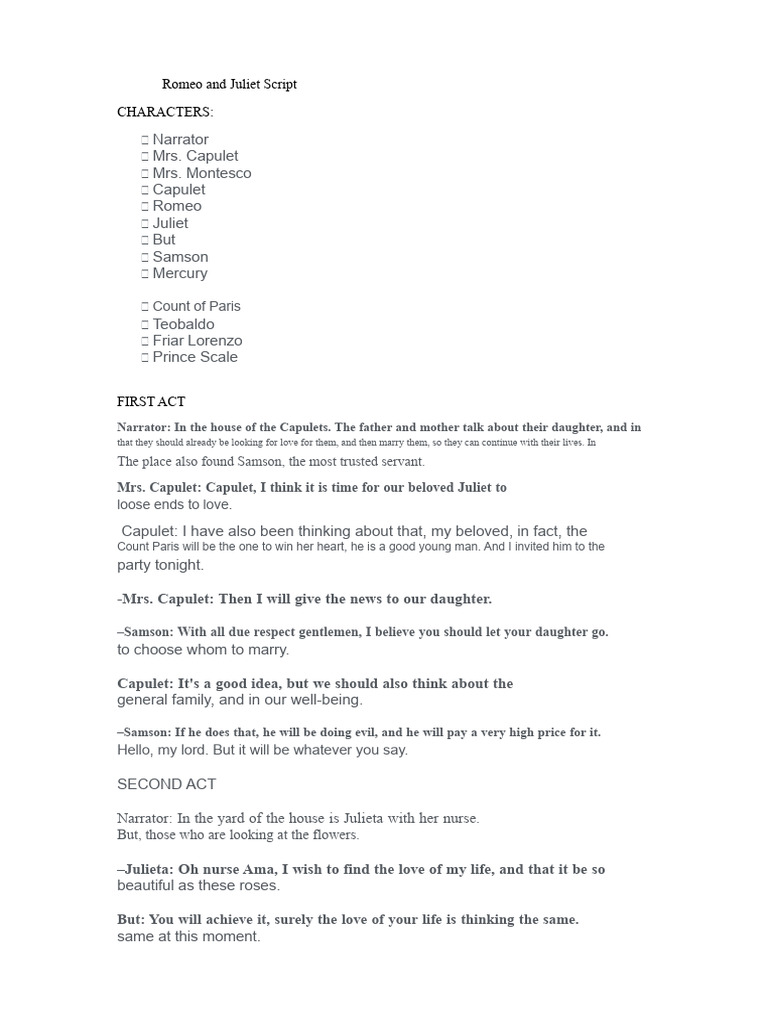 Romeo and Juliet Script Summary | PDF | Characters In Romeo And Juliet