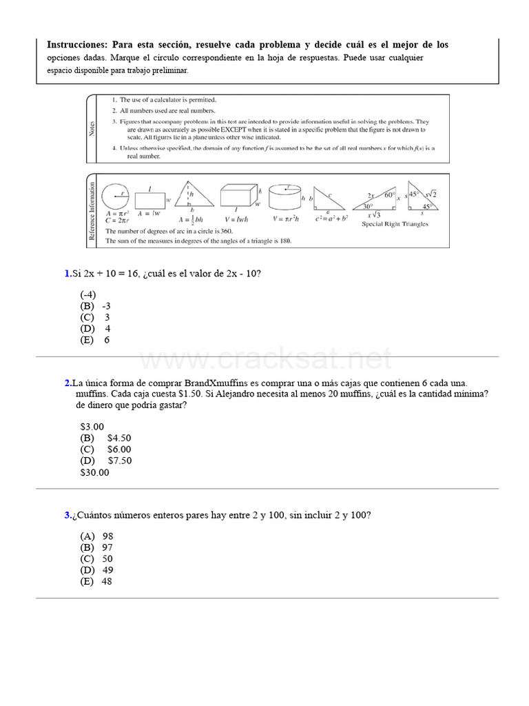 Prueba de Práctica de Matemáticas SAT 6 | PDF | Se sentó | Matemáticas