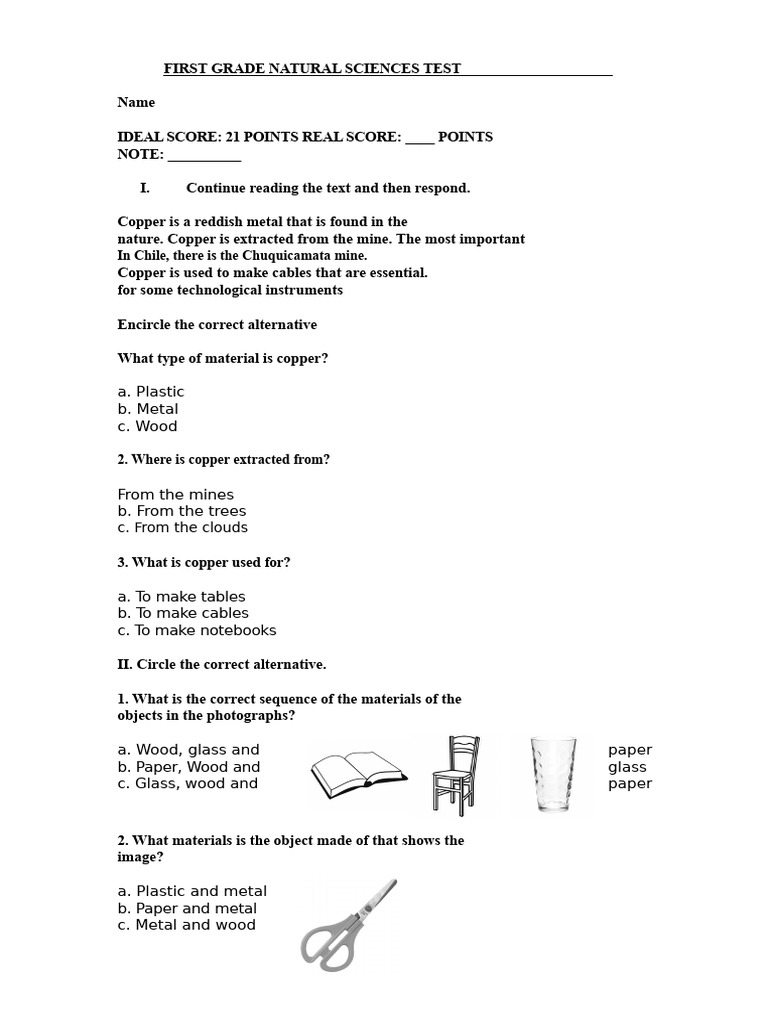 Test Natural Sciences First Grade Materials and Their Properties | PDF ...