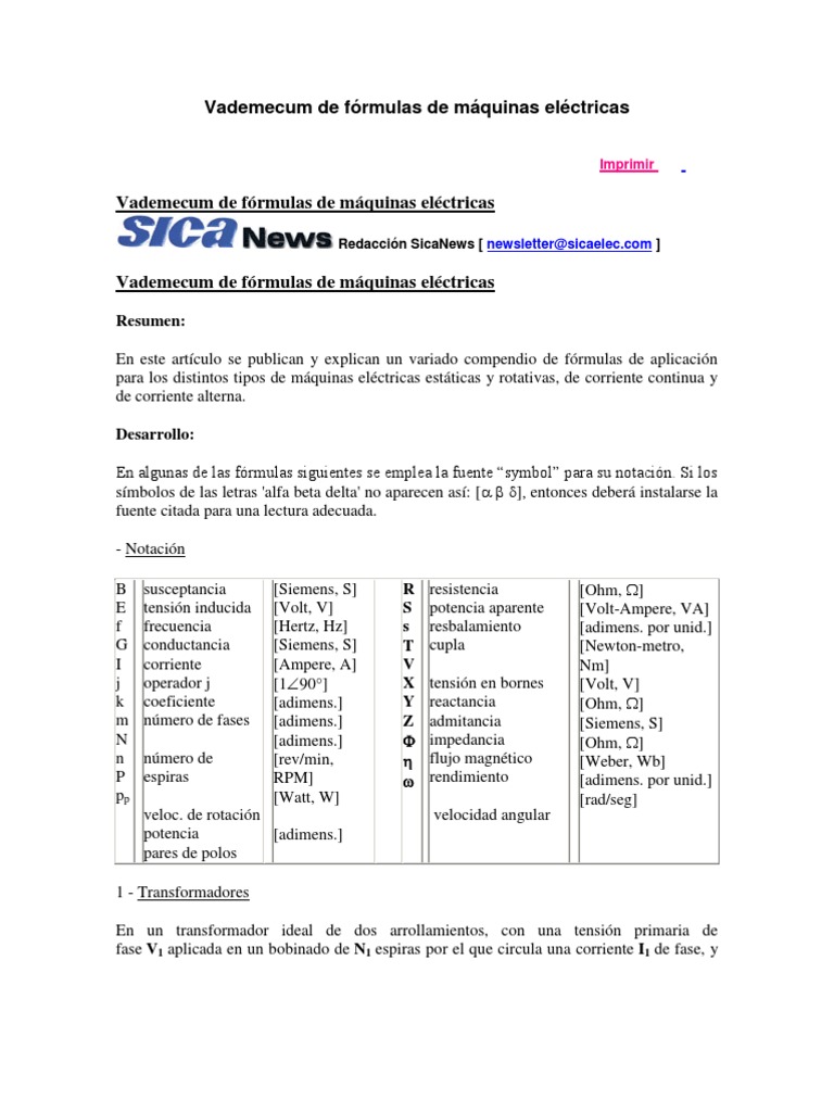 Vademecum de fórmulas eléctricas | PDF | Transformador | Impedancia ...