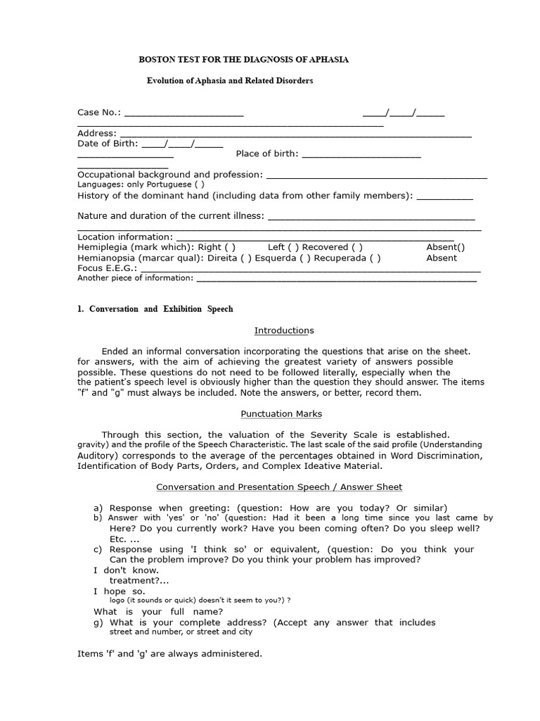 Aphasia Assessment (Boston Test) - 1 | PDF | Speech | Aphasia