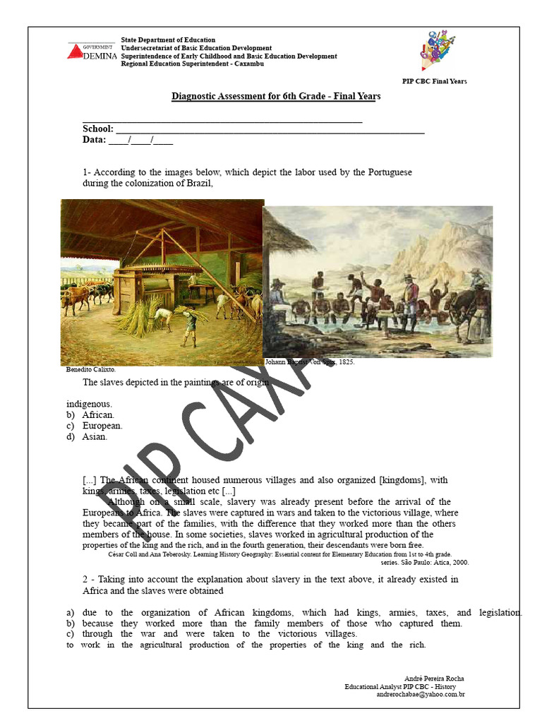 6th Grade History Diagnostic Assessment | PDF | Brazil | Slavery