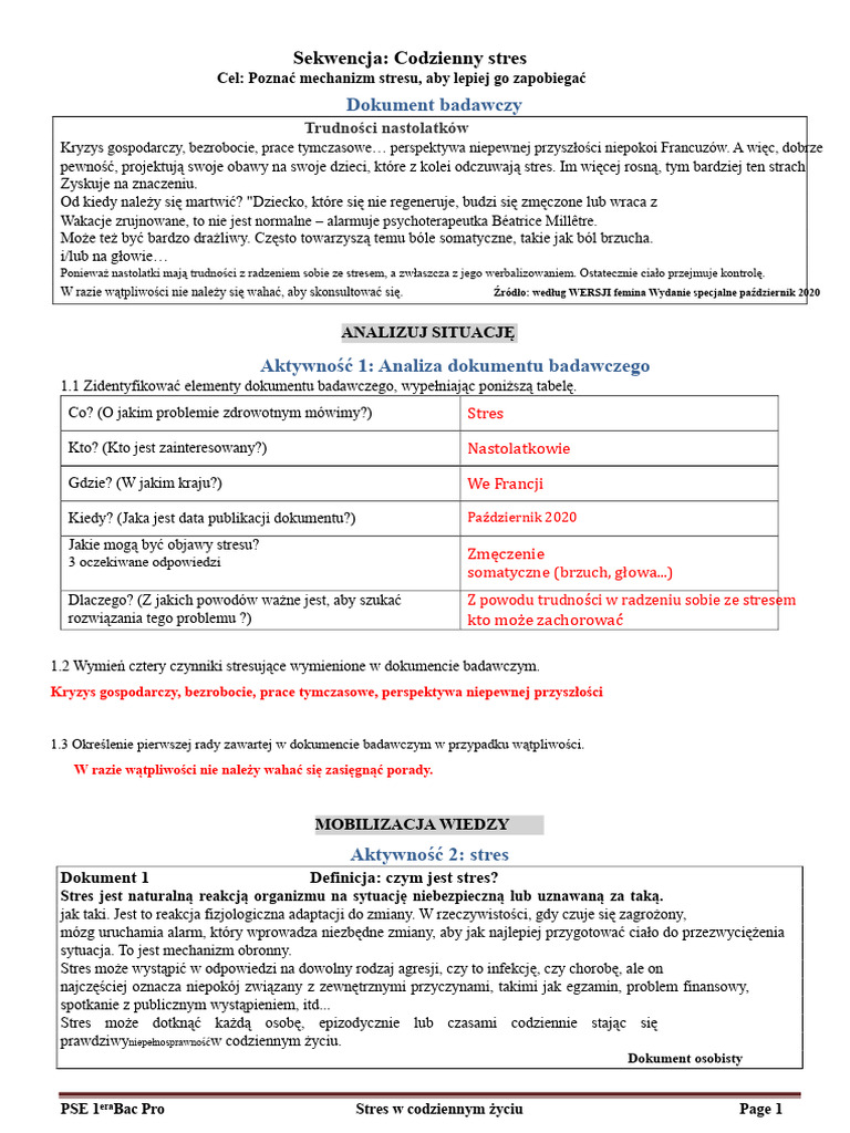 Sekwencja Pierwsza PSE Pronote Codzienny Stres 2022 | PDF
