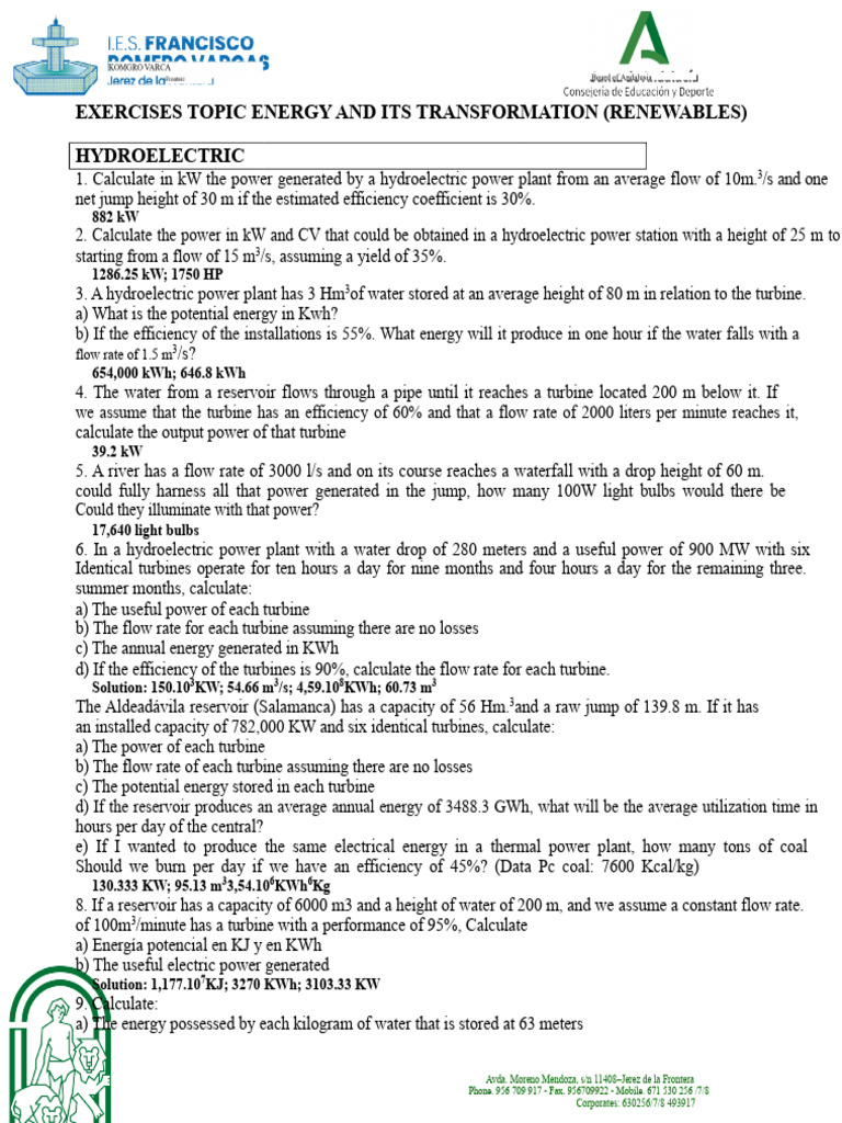Hydroelectric and Wind Energy Calculations | PDF | Power Station | Turbine