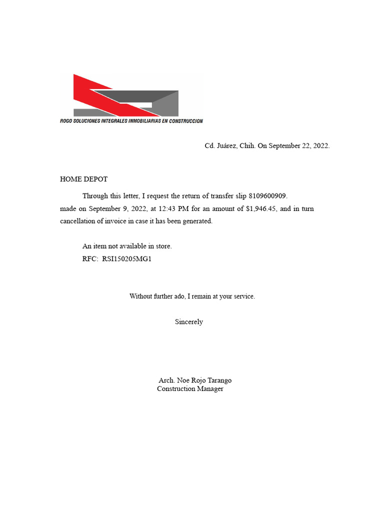 LETTER FOR Home Depot RETURN | PDF