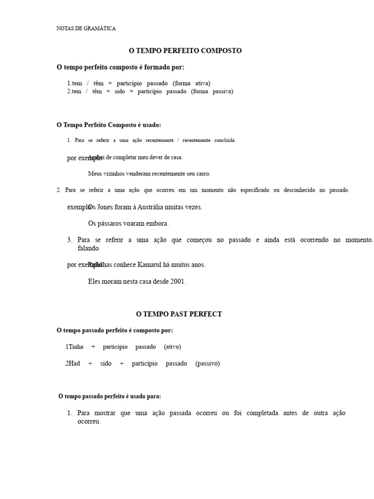 Gramática: Tempos Perfeito e Passado | PDF