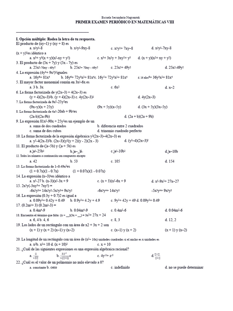 Examen de Matemáticas de Octavo Grado | PDF | Factorización | Matemáticas