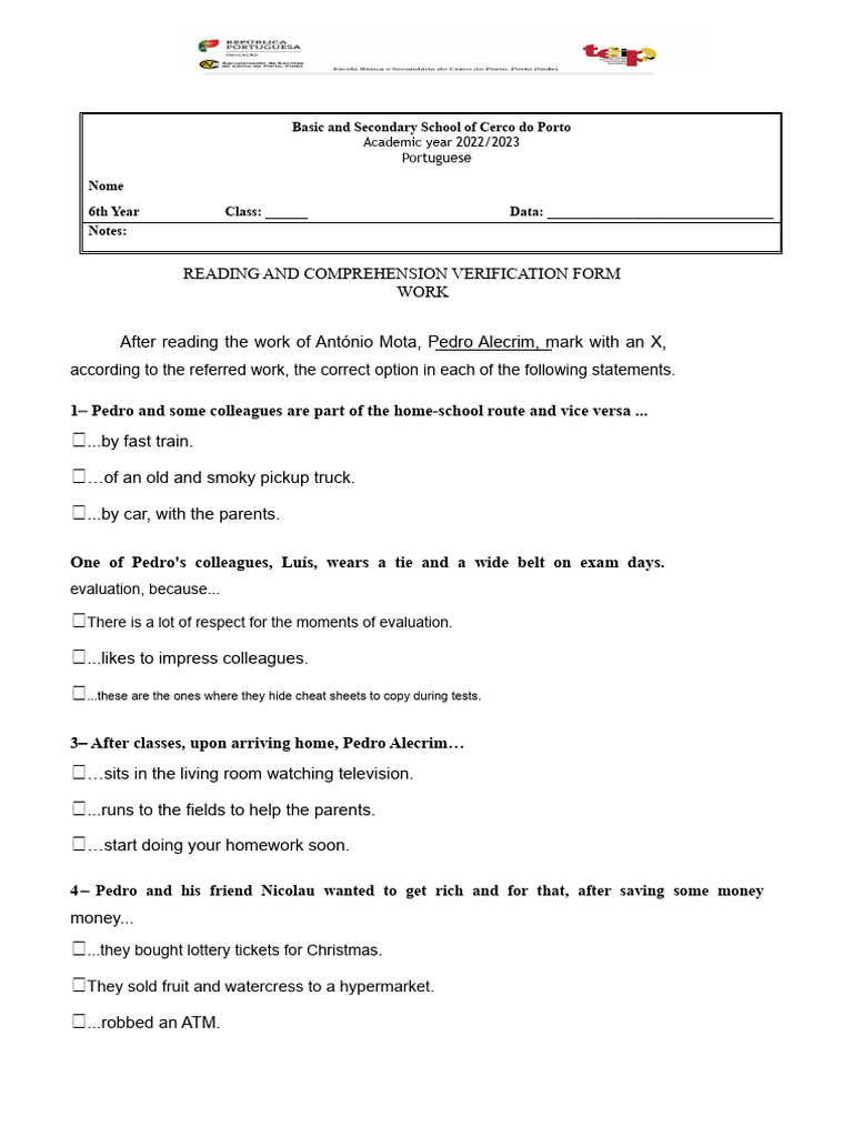 Pedro Alecrim Reading Comprehension Quiz | PDF