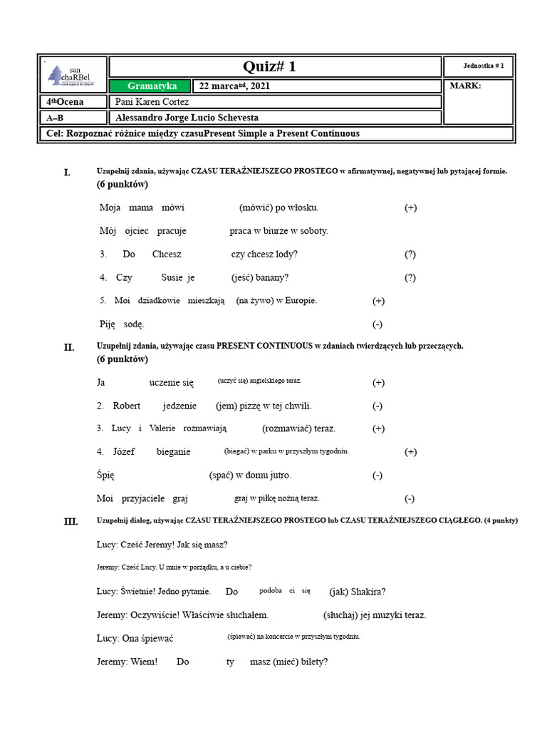 Quiz 1 Czas Present Simple Vs Present Continuous | PDF