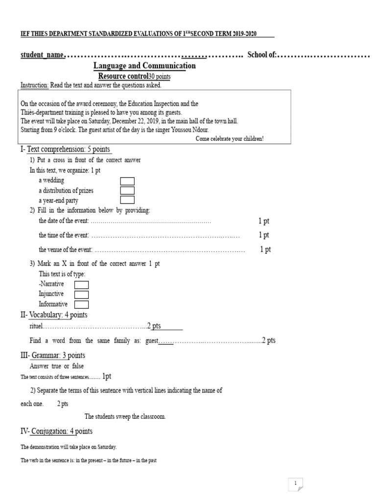 CE2 Tests and Corrections 2019-2020 | PDF