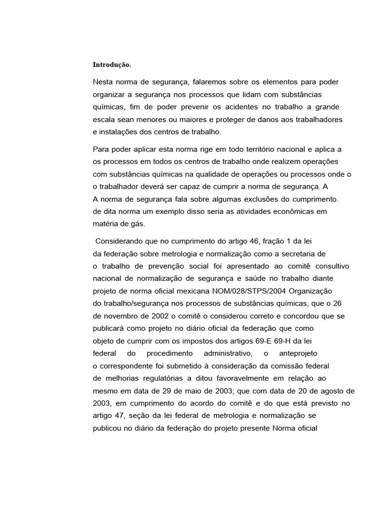 NORMA Oficial Mexicana NOM-028-STPS-2004, Organização Do Trabalho ...