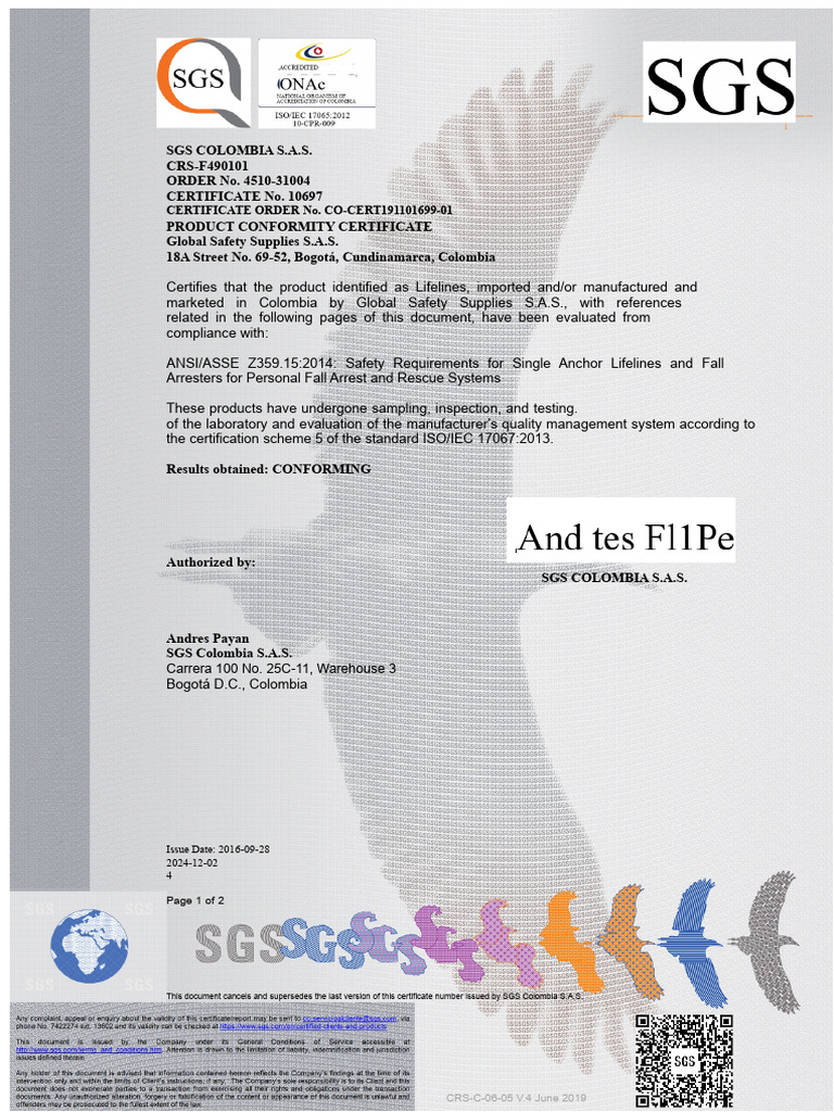 Lifelines Product Conformity Certificate | PDF
