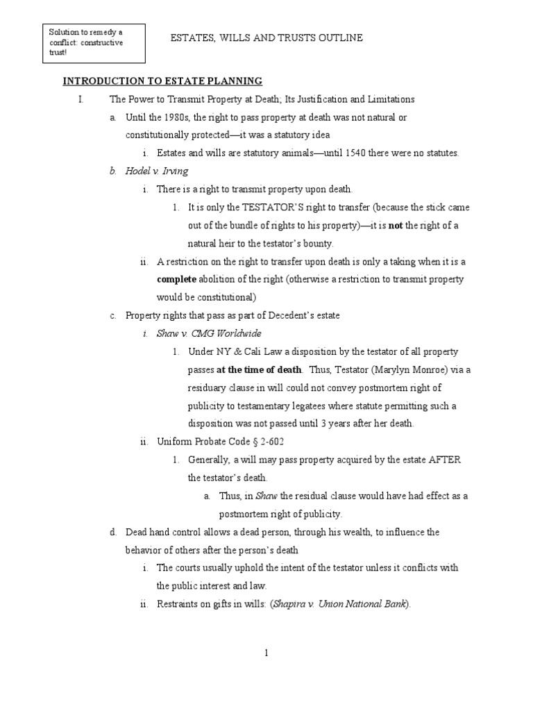 EWT Outline | PDF | Will And Testament | Intestacy