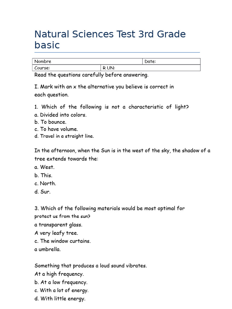 3rd Grade Natural Sciences Test | PDF | Sound | Light