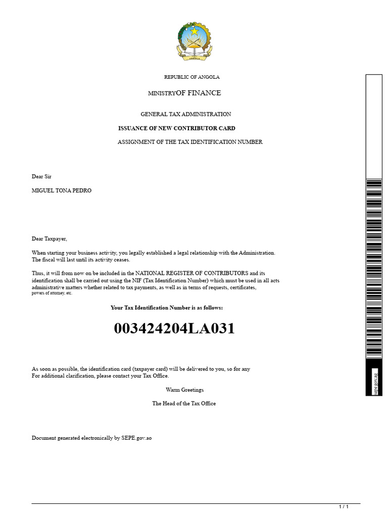 Angola Tax Identification Number Issuance | PDF