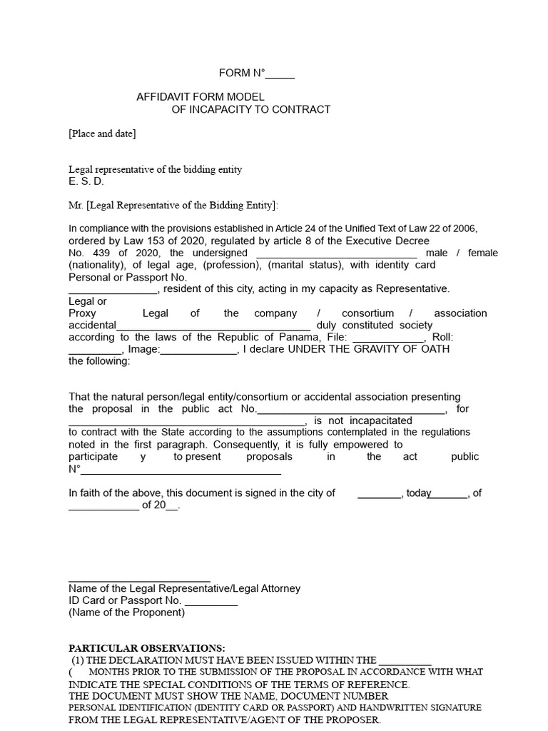 Model Affidavit Form - No Incapacity To Contract | PDF