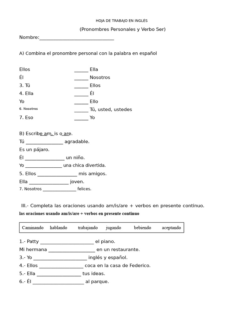 Pronombres y Verbo Ser en Inglés | PDF