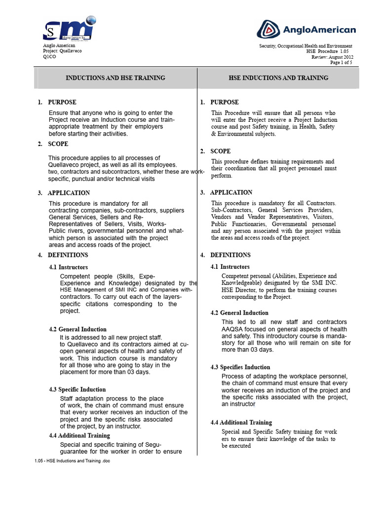 Quellaveco HSE Induction Training Guide | PDF | Occupational Safety And ...