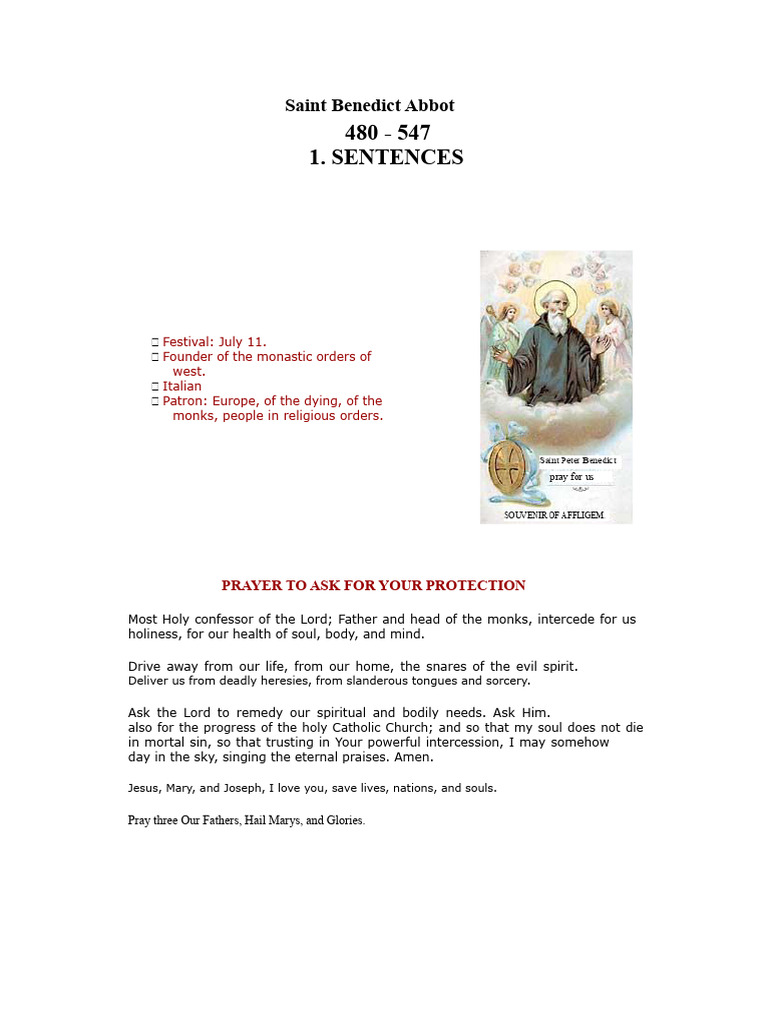 Prayers To Saint Benedict of Nursia | PDF | Prayer | Lord's Prayer