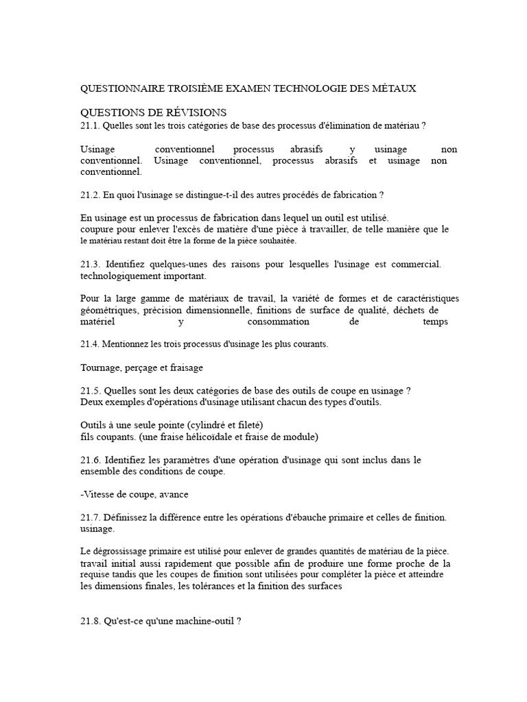 Questionnaire sur l'Usinage des Métaux | PDF | Usinage | Acier