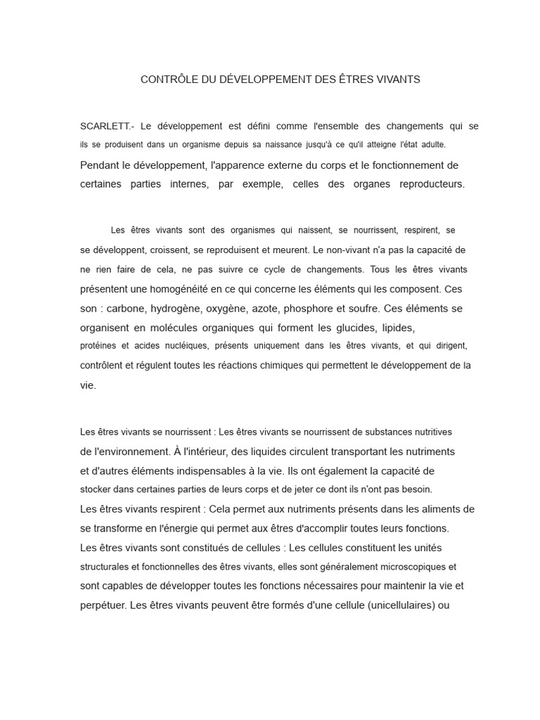 Développement et caractéristiques des êtres vivants | PDF | Cellule ...