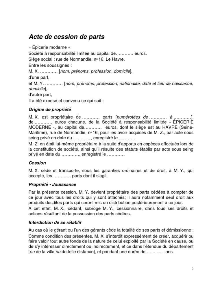 Acte de Cession de Parts de SARL | PDF | Institutions sociales ...