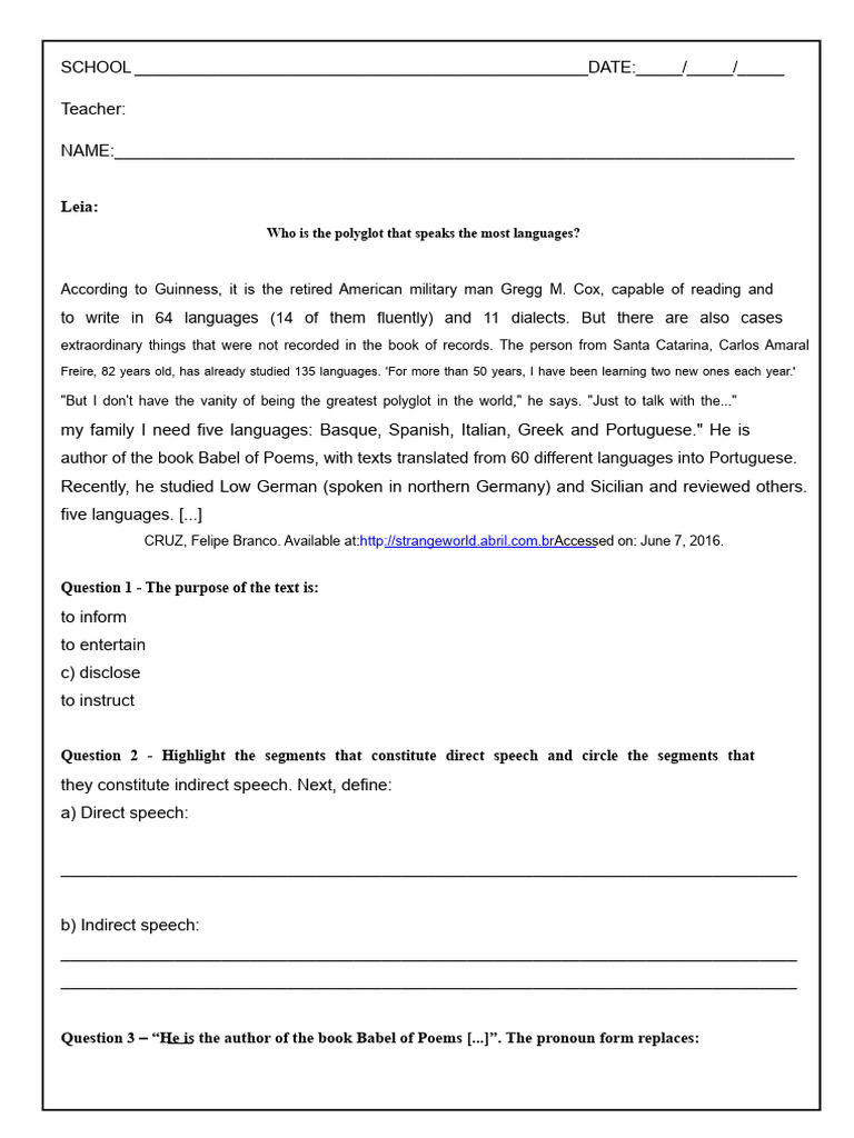 Direct and Indirect Speech Activity 9th Grade Word | PDF