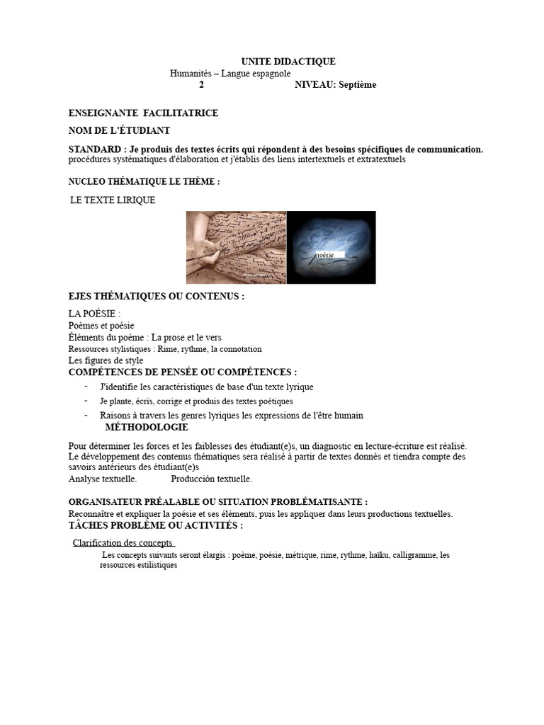 Unité Didactique Le Texte Lyrique 7 Deuxième Période | PDF | Rime dans ...