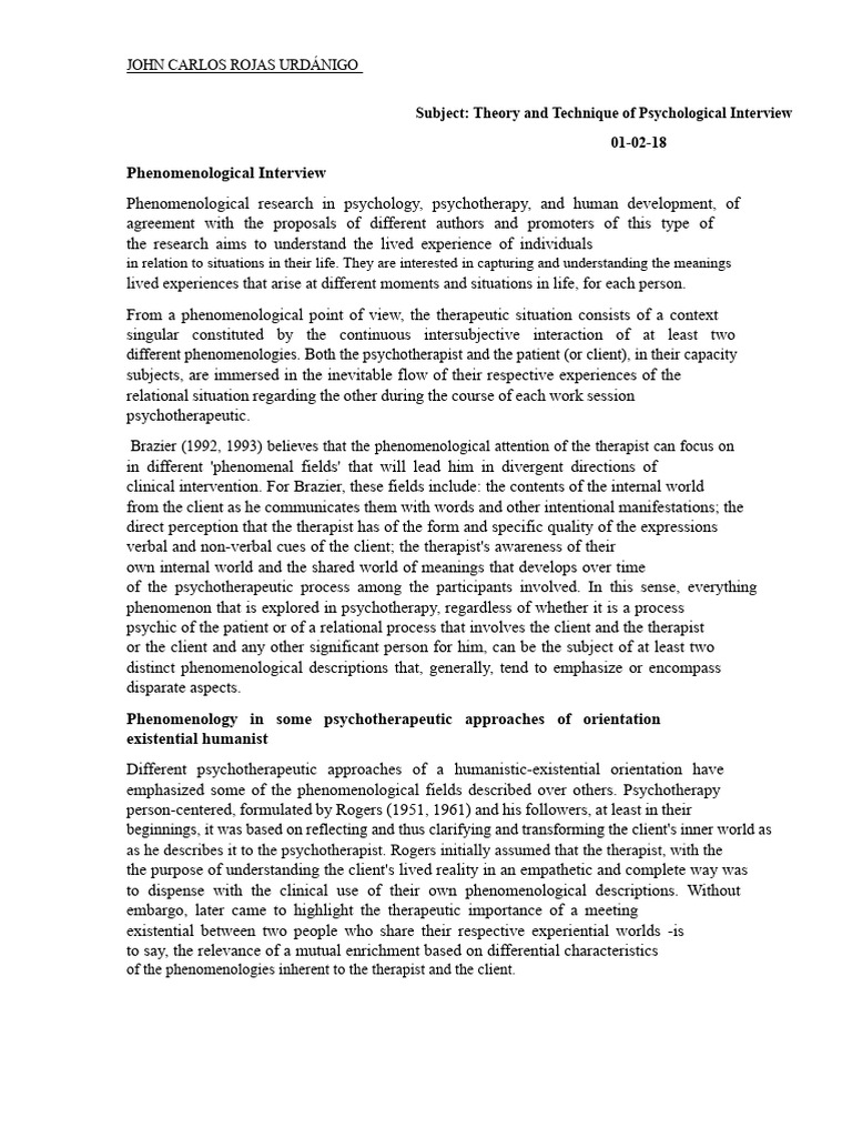 Phenomenological Interview | PDF | Psychotherapy | Phenomenology ...
