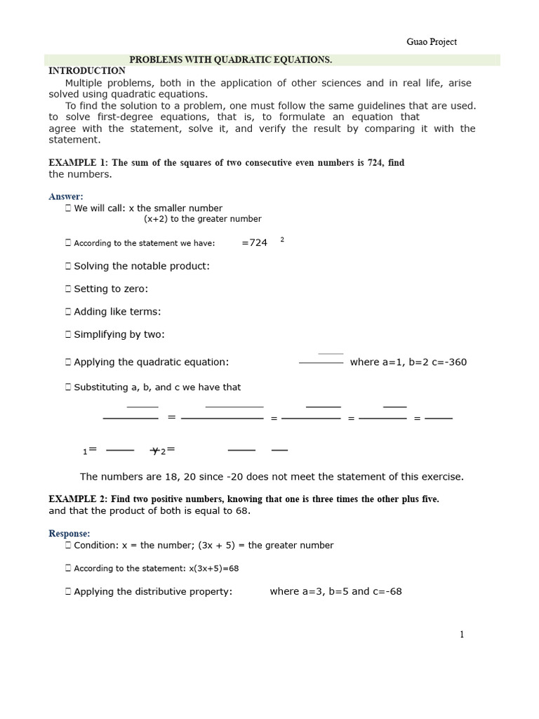 Problems With Quadratic Equations | PDF | Equations | Elementary ...