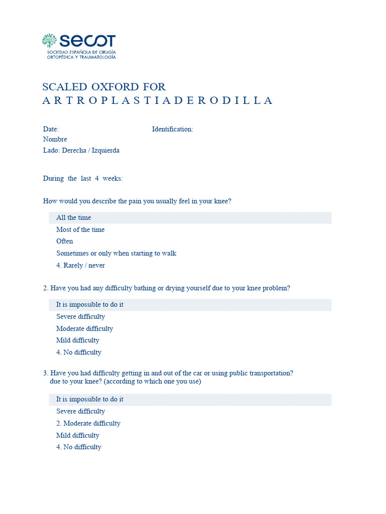 Oxford Knee Scale Assessment Guide | PDF | Diseases And Disorders ...
