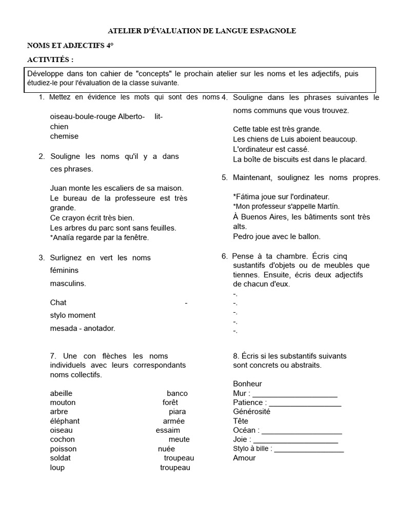 Atelier Évaluatif Sur Les Noms Et Adjectifs 4° | PDF