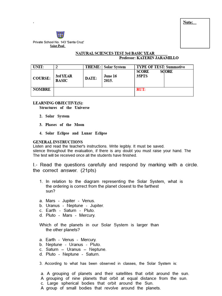 Natural Science Test 3rd Unit Solar System | PDF | Planets | Solar System