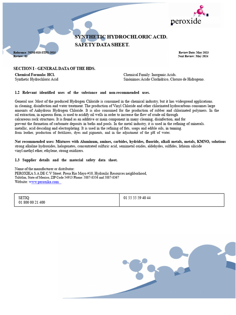 Safety Data Sheet Synthetic Hydrochloric Acid | PDF | Dangerous Goods ...