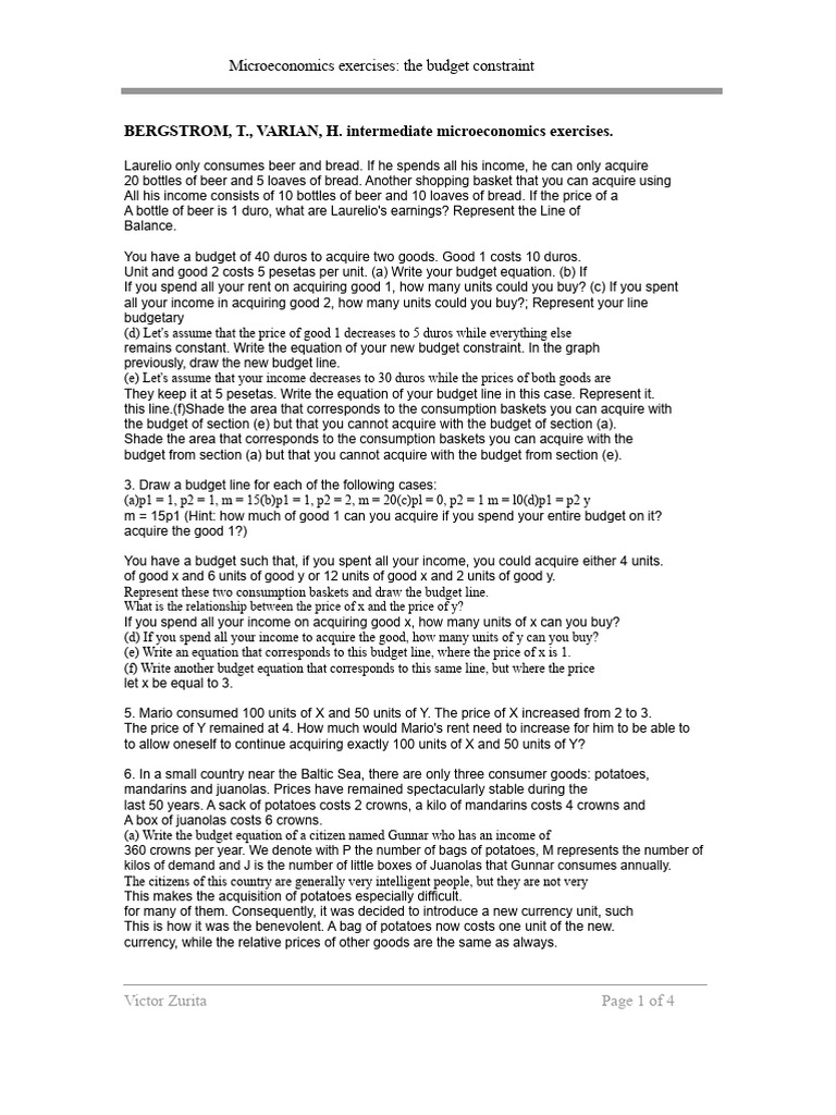 Budget Constraint Exercises | PDF | Microeconomics | Consumption ...